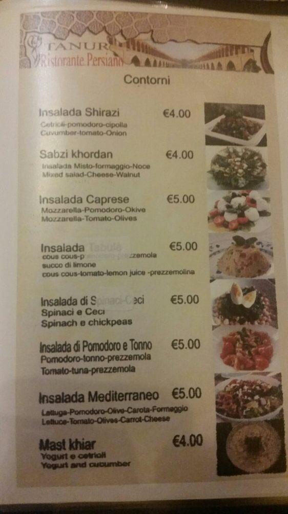 Menu at Tanur restaurant, Rome