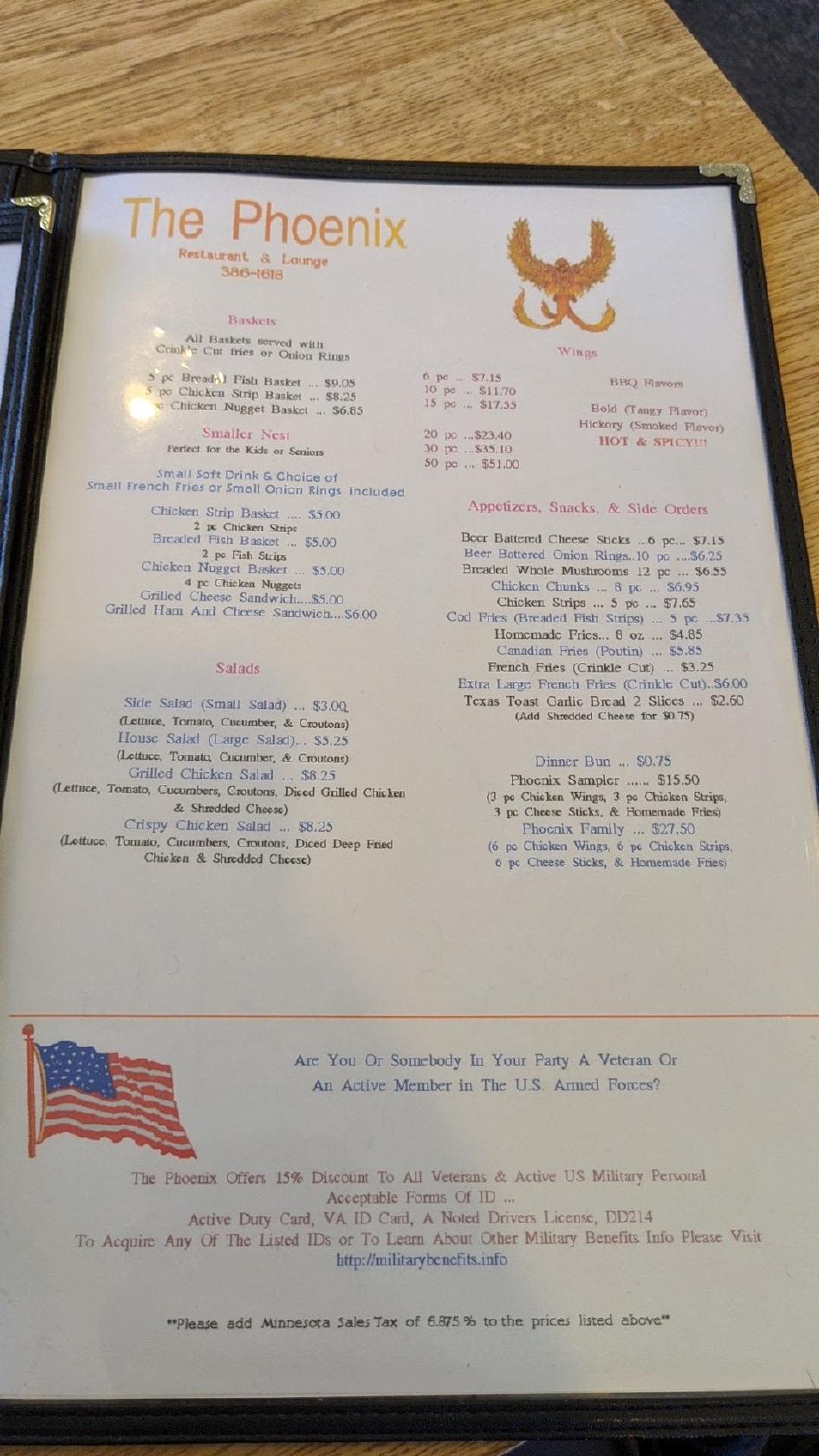 Menu at The Phoenix restaurant, Warroad
