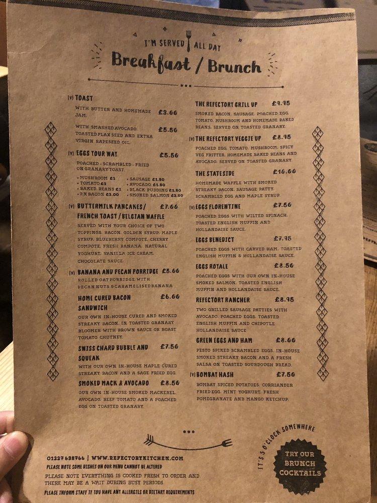Menu at The Refectory kitchen restaurant, Canterbury