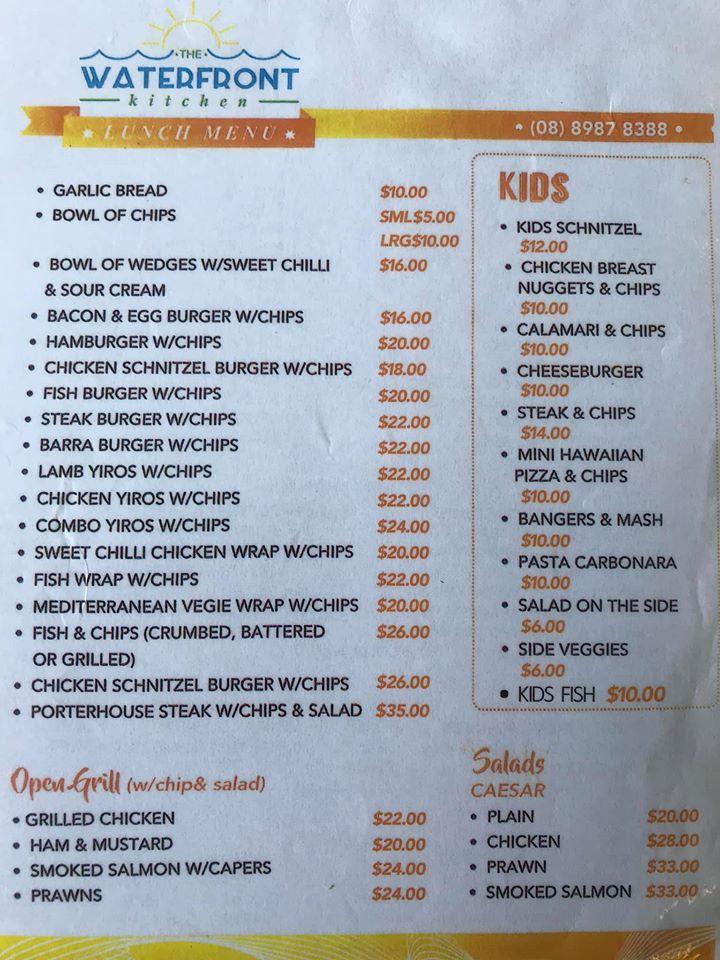 Menu at The Waterfront Kitchen restaurant, East Arnhem, Gove
