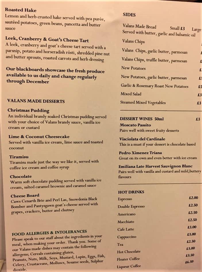 Menu at Gegin Valans restaurant, Ammanford