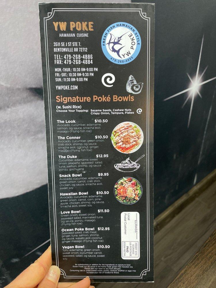 Menu at YW POKE restaurant, Bentonville