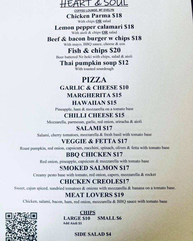 Menu at Heart & Soul Coffee Lounge restaurant, Mount Evelyn