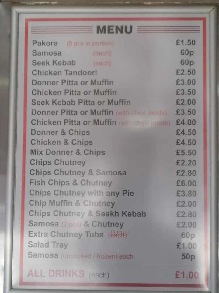 Menu at International Chippy restaurant, Rochdale