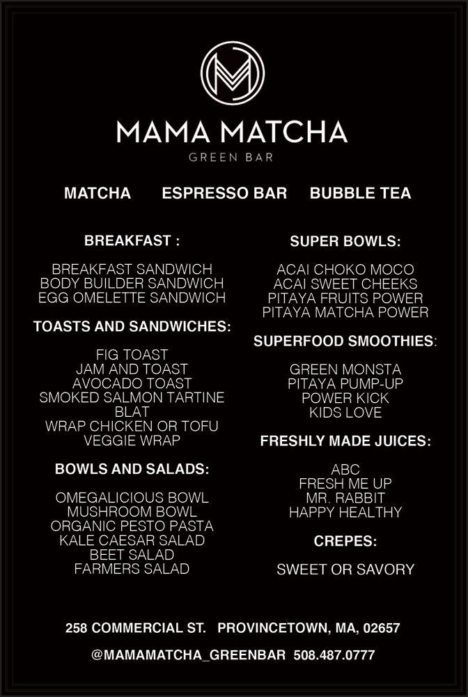 Carta de Mama Matcha Green Bar, Provincetown