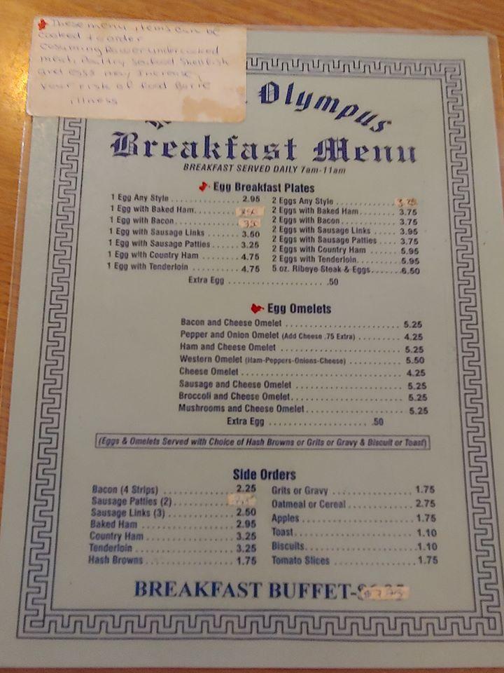 Menu at Mt Olympus Family Restaurant, East Bend