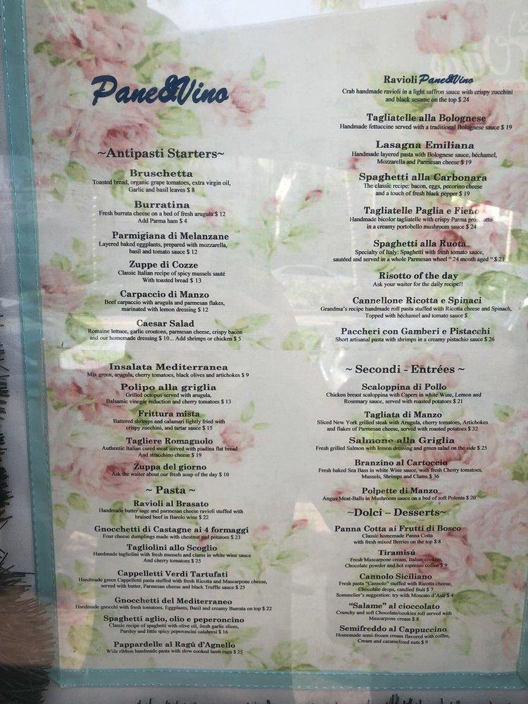 Menu at Pane & Vino restaurant, Miami Beach