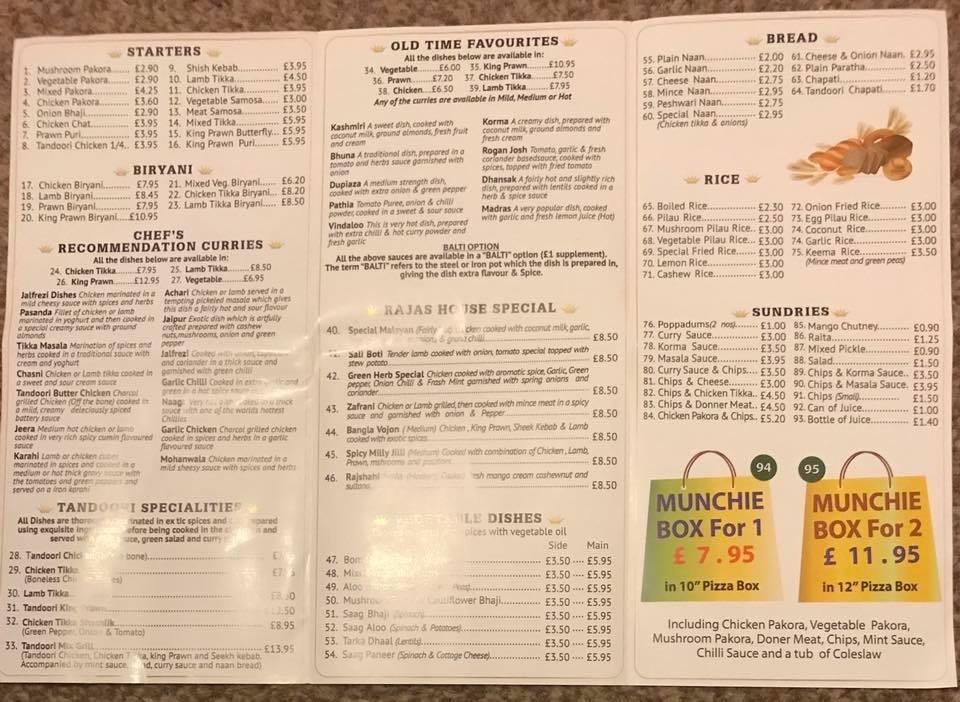Menu at Raja's Indian Cuisine pizzeria, Alness