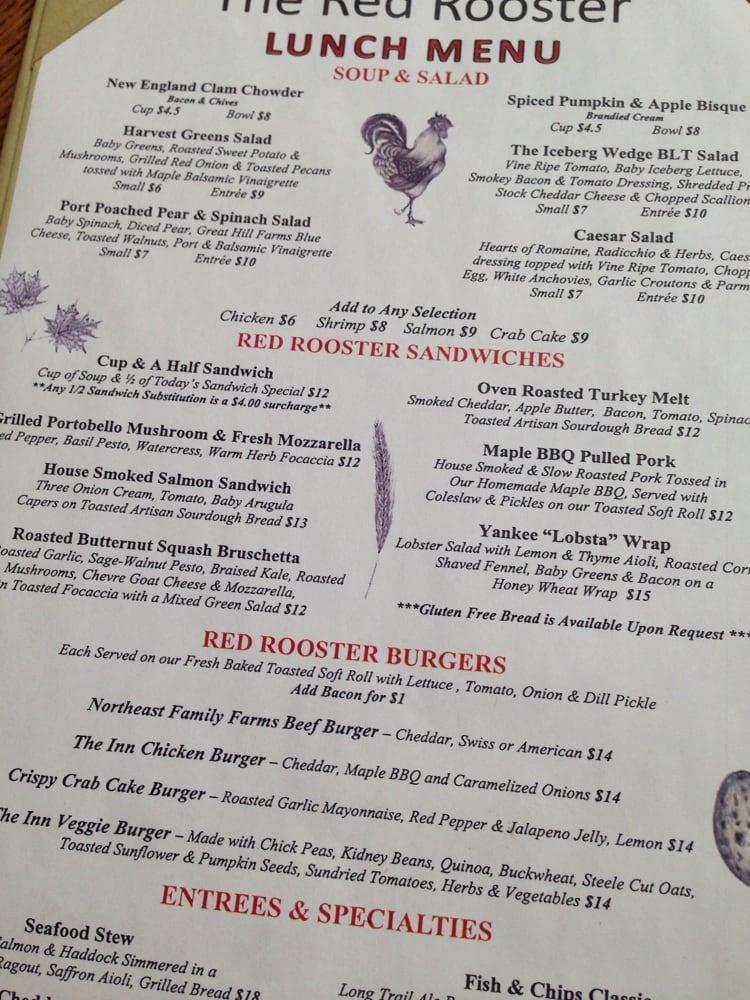 Menu at Red Rooster at the Woodstock Inn & Resort restaurant, Woodstock