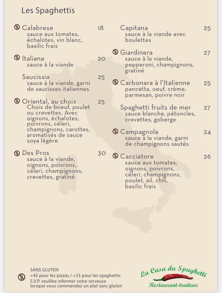 Menu au Restaurant La Casa Du Spaghetti, Granby