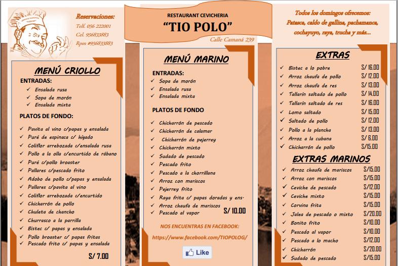 Menu at TÌO POLO, Ica