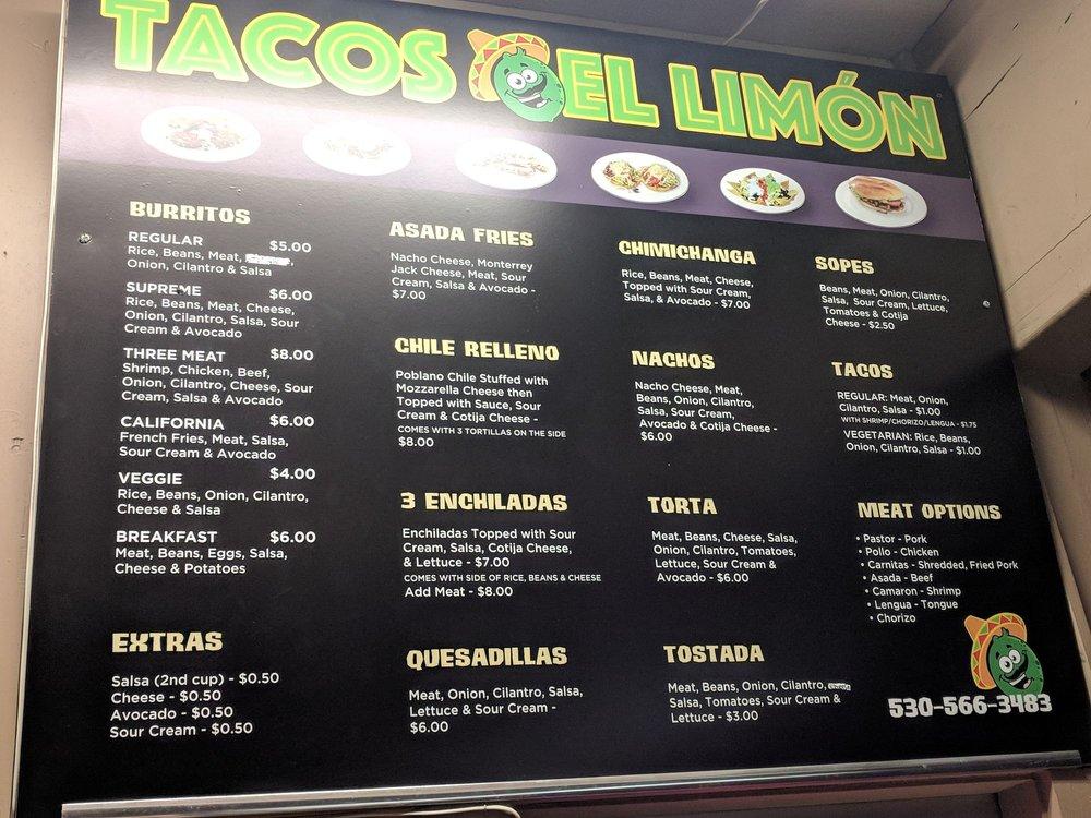 Menu at Tacos El Limon restaurant, Chico