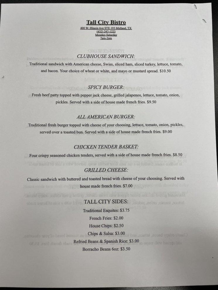 Menu at Tall City Bistro restaurant, Midland