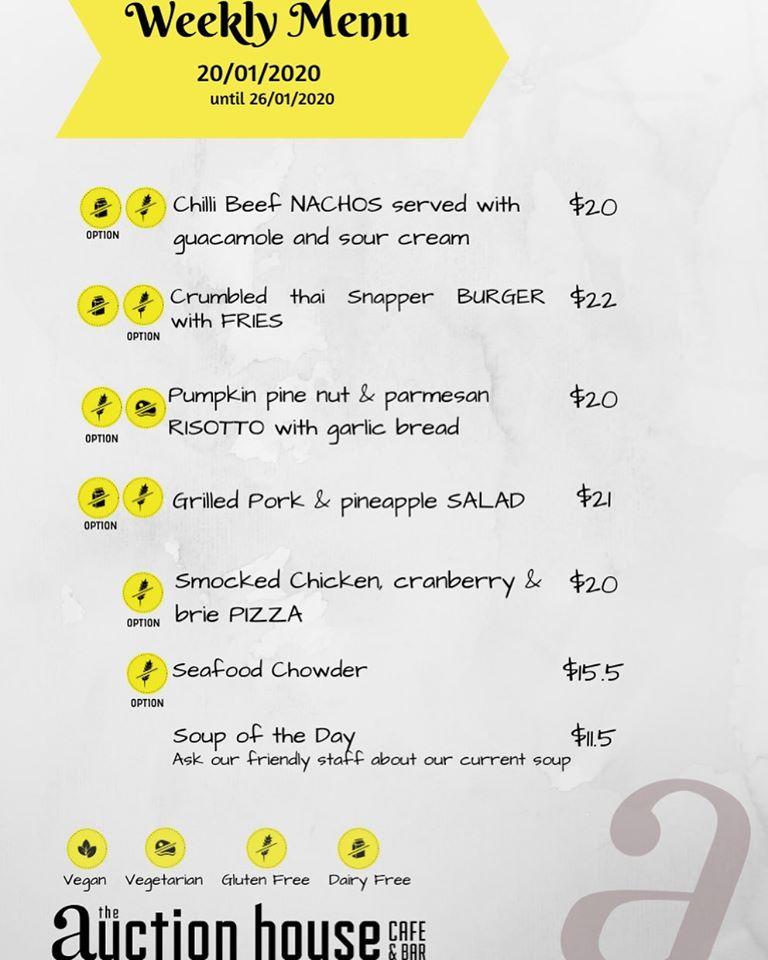 Menu at The Auction House cafe, Invercargill
