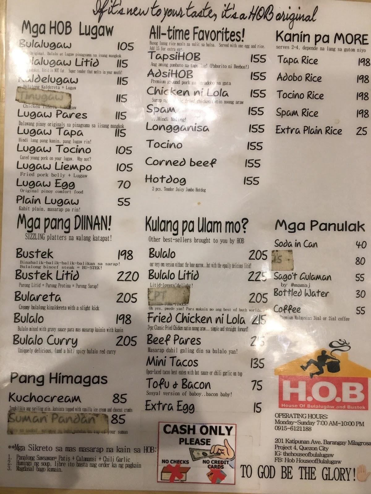 Menu at The House of Bulalugaw (H.O.B.) restaurant, Quezon City, J39C+6HX