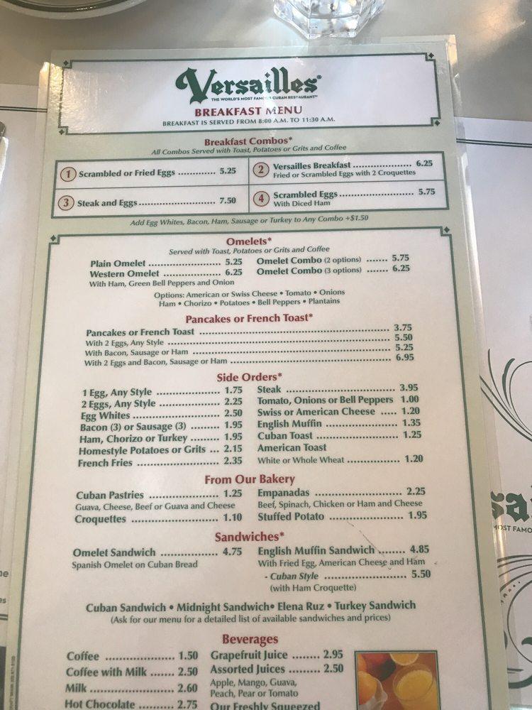 Menu at Versailles Cuban Bakery, Miami