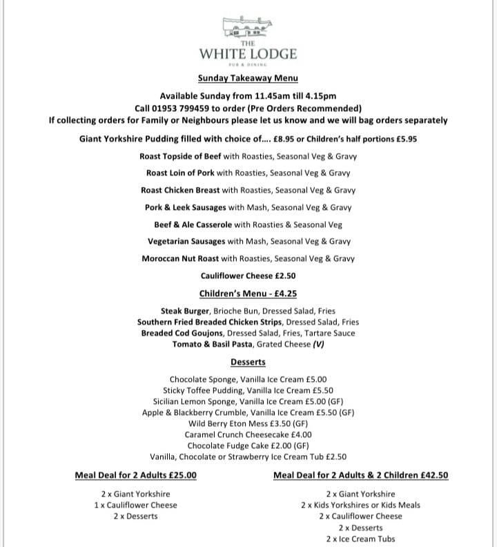 Menu at The White Lodge pub & bar, Attleborough