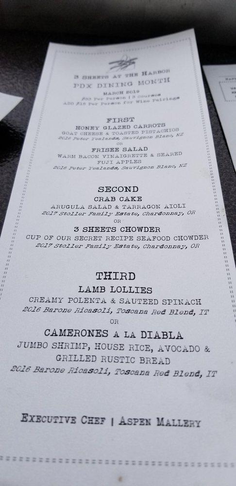 Menu at 3 Sheets at the Harbor pub & bar, Portland