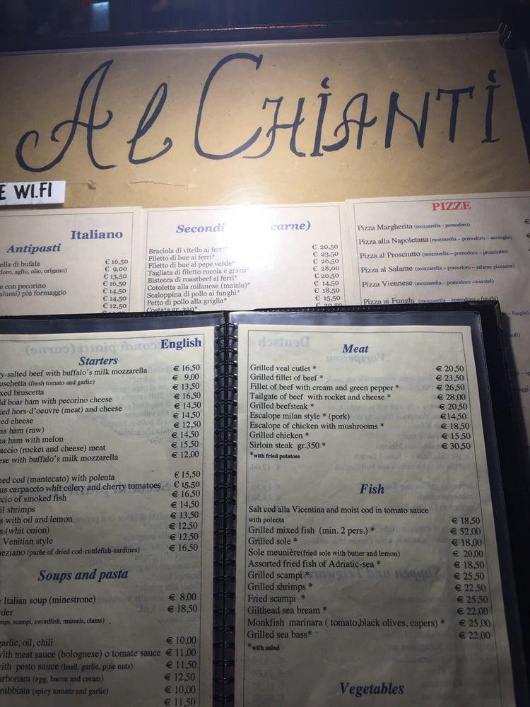 Menu at Al Chianti pizzeria, Venice, Calle Larga S. Marco