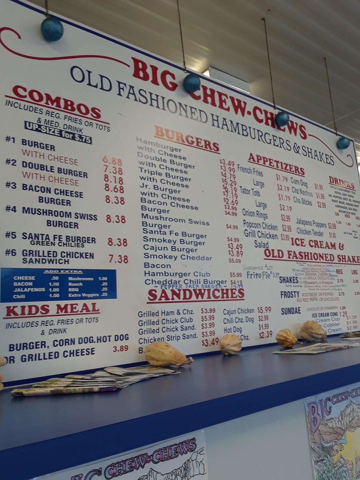 Menu at Big Chew Chew's Burgers restaurant, Temple