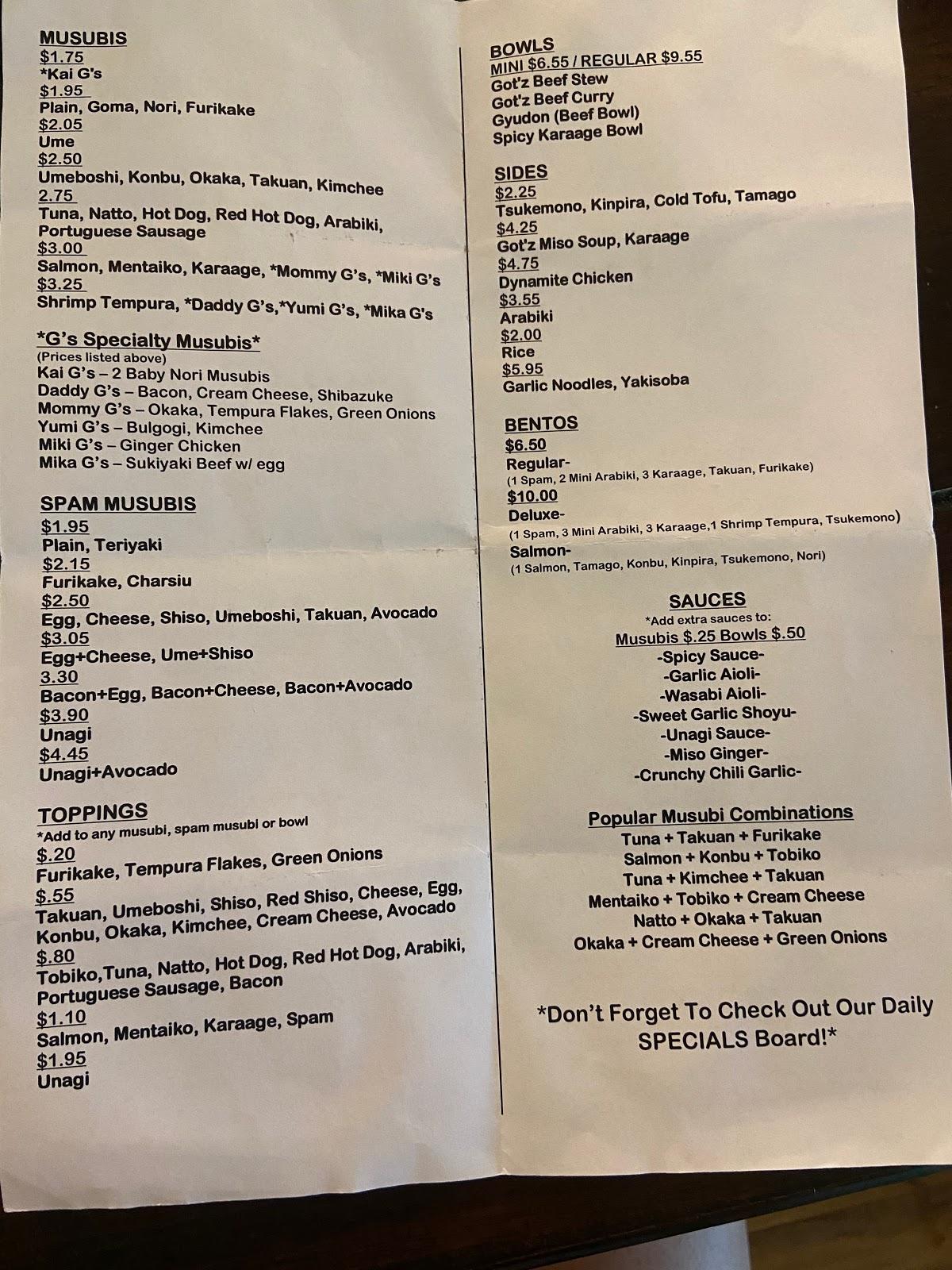 Menu at Got'z Grindz restaurant, Kaneohe