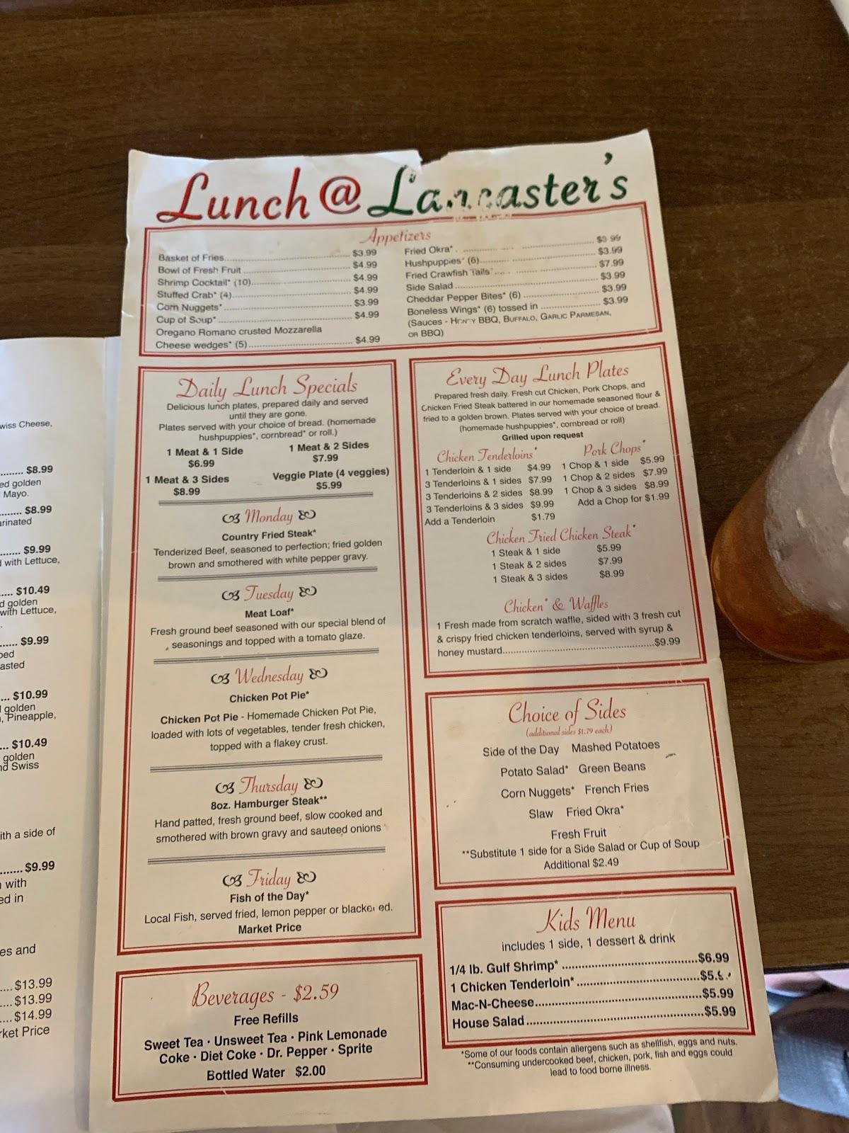 Menu at Lancaster’s restaurant, Ocean Springs