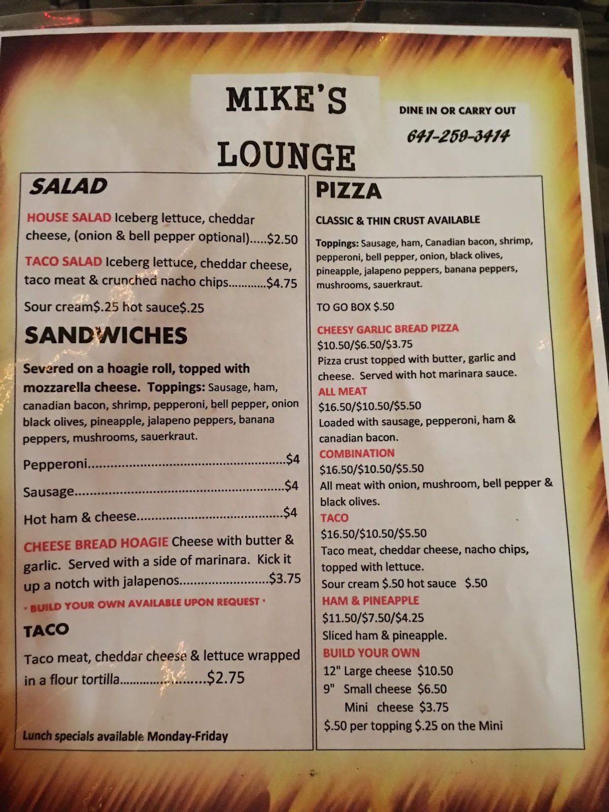 Menu at Mike's Lounge pub & bar, Monroe