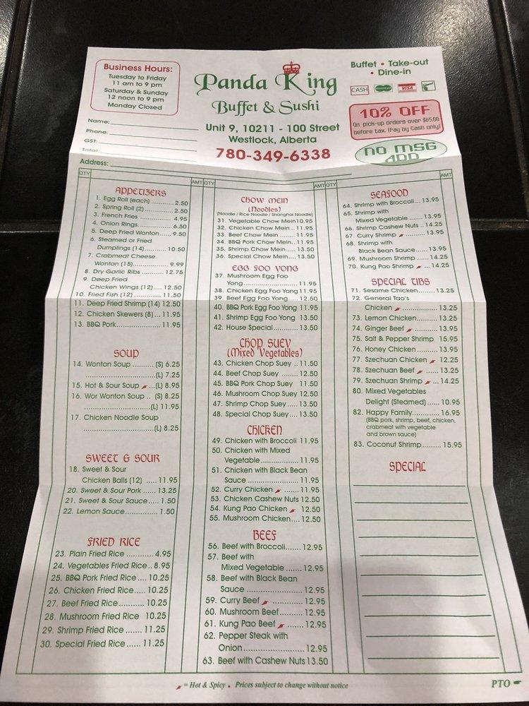 Menu at Panda King Buffet & Sushi restaurant, Westlock