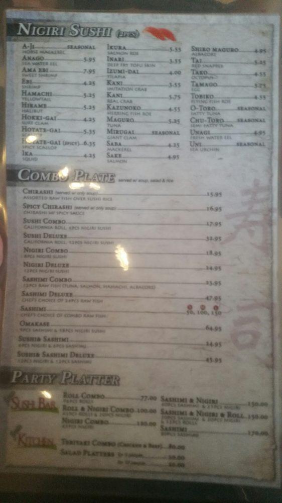 Menu at Sushi Jae restaurant, San Jose