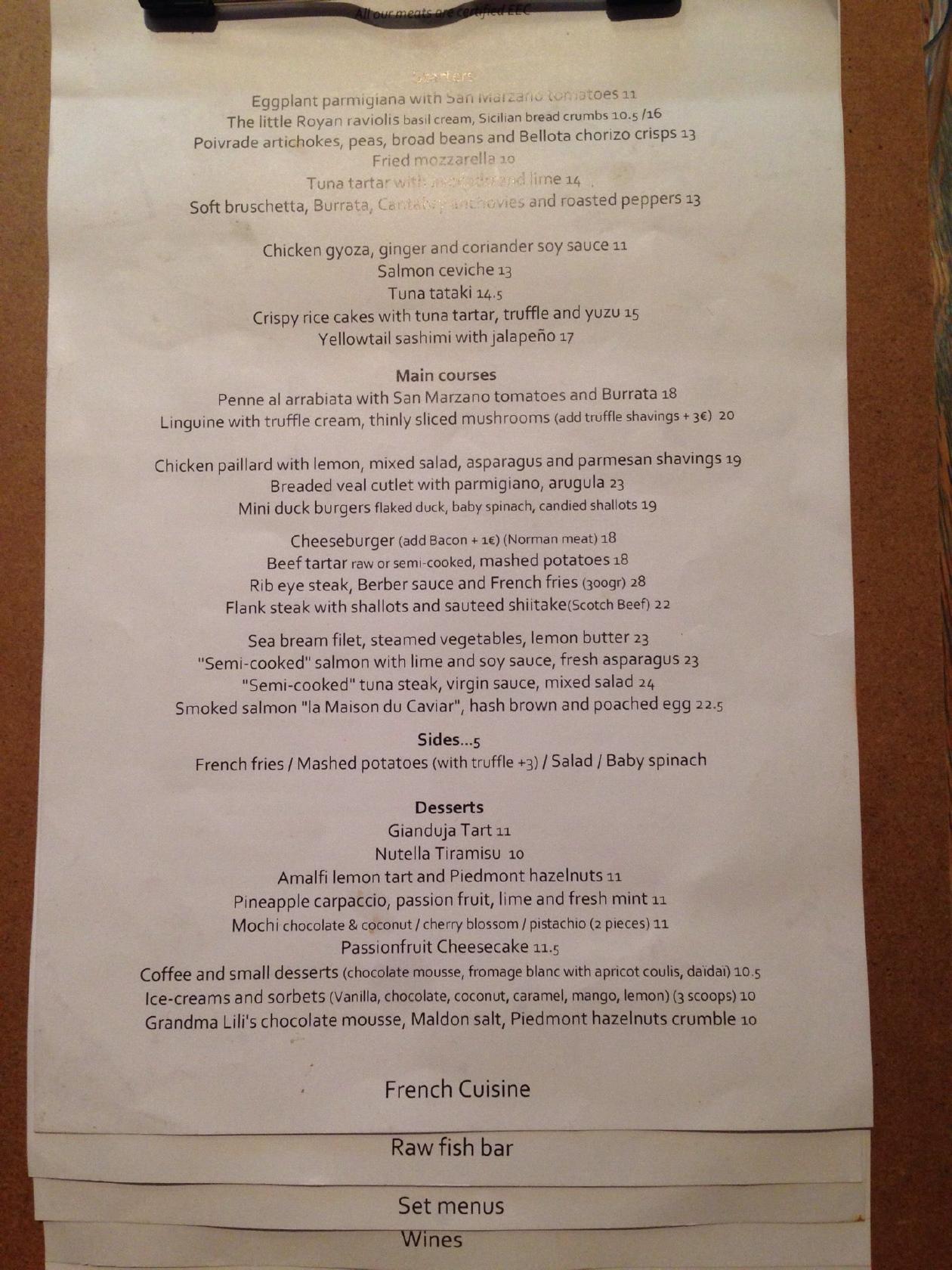 Menu at Zo restaurant, Paris