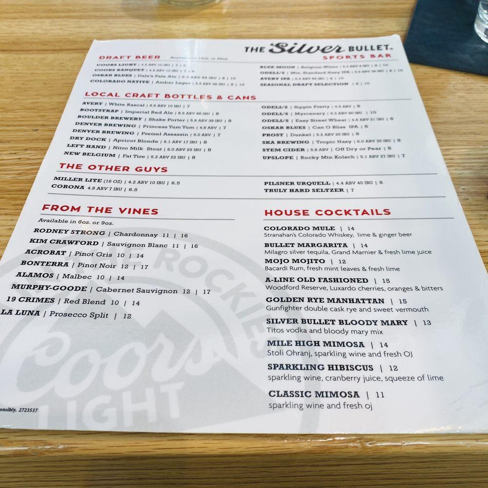 Menu at Coors Silver Bullet Bar, Denver