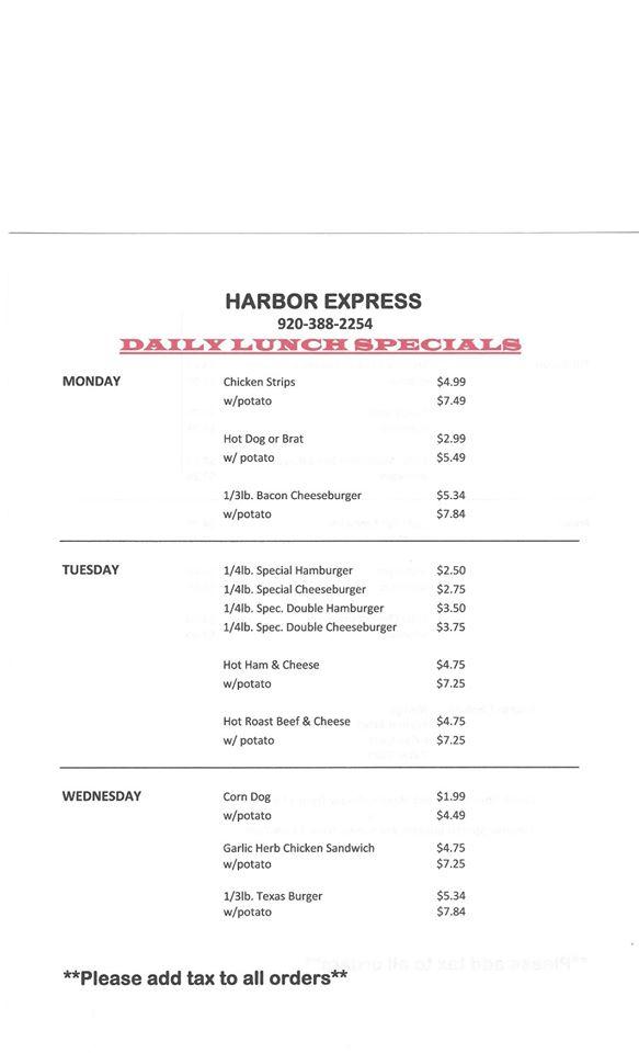 Menu at Harbor Express fast food, Kewaunee