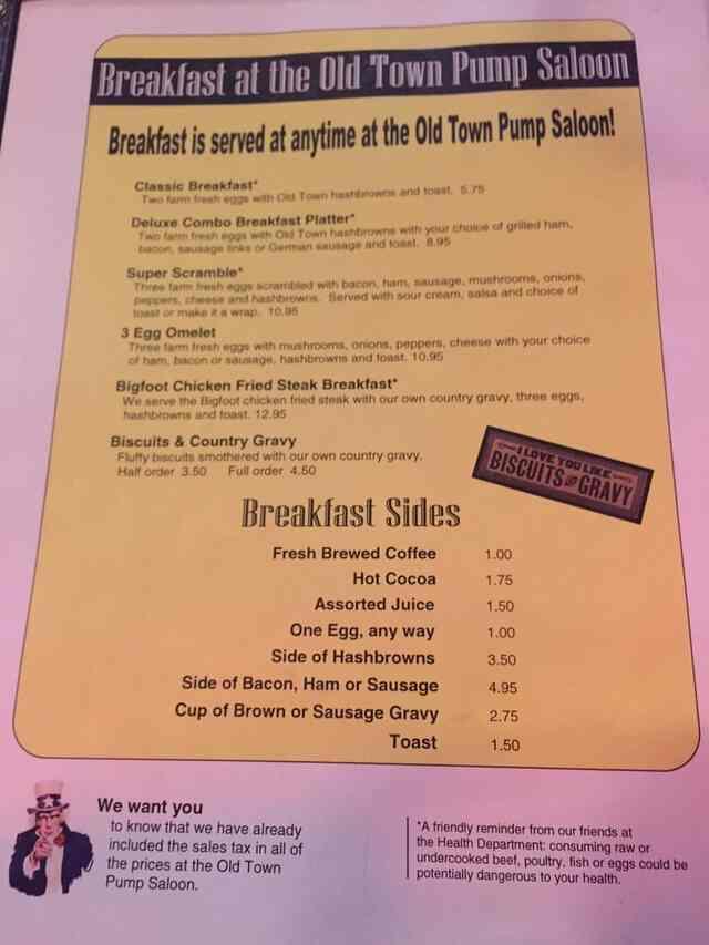 Menu at Old Town Pump Saloon pub & bar, Union Gap