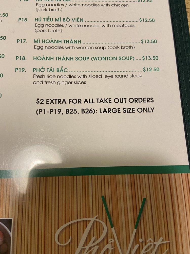 Menu at Pho Viet restaurant, Milwaukee, S 27th St