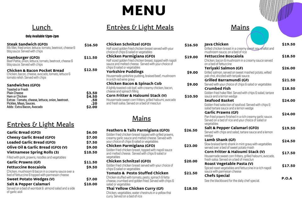 Menu at Stanthorpe RSL Services Club, Stanthorpe
