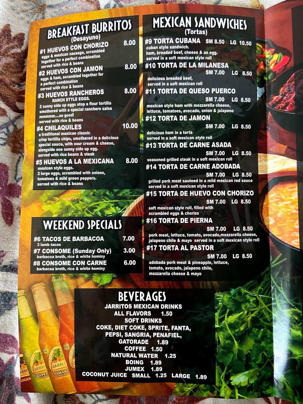 Menu at Tacos y Tortas Mexican Restaurant, Hanover