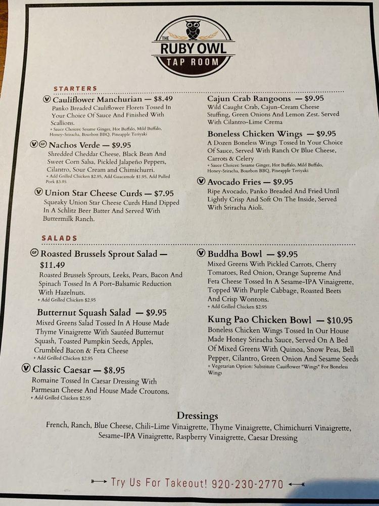 Menu at The Ruby Owl Tap Room pub & bar, Oshkosh