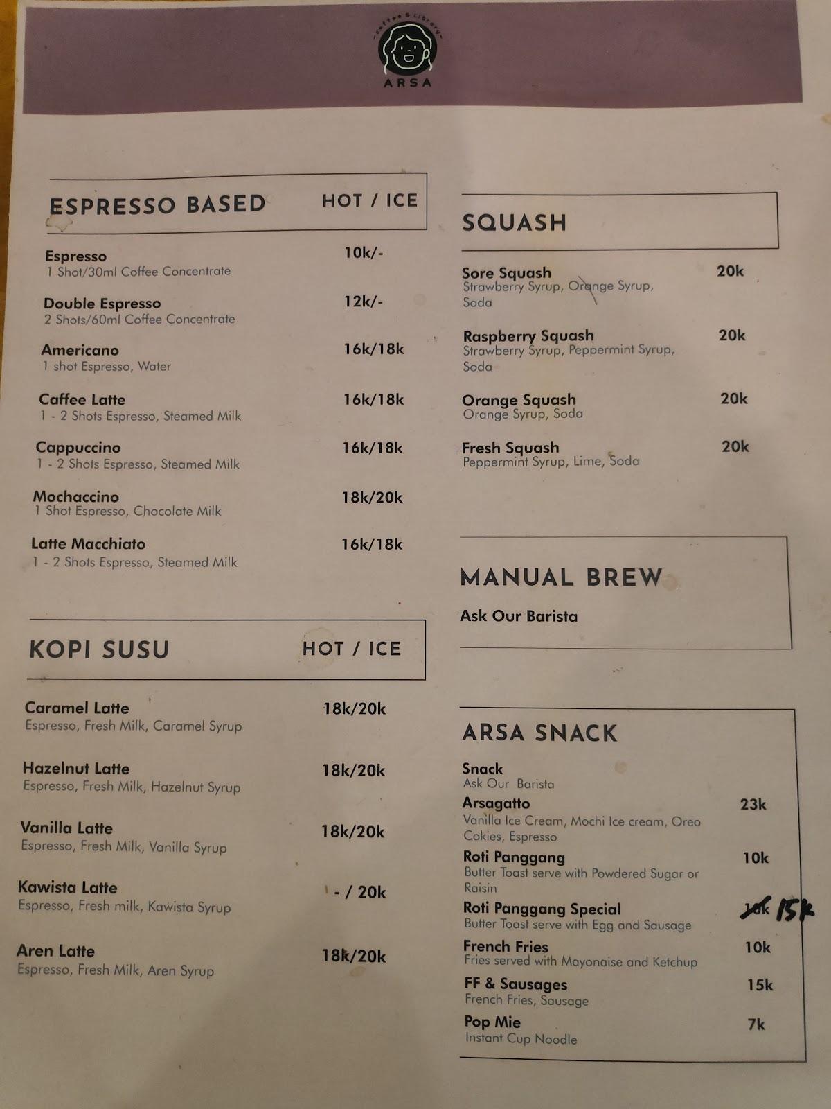 Menu at Arsa Coffee & Library, Surakarta
