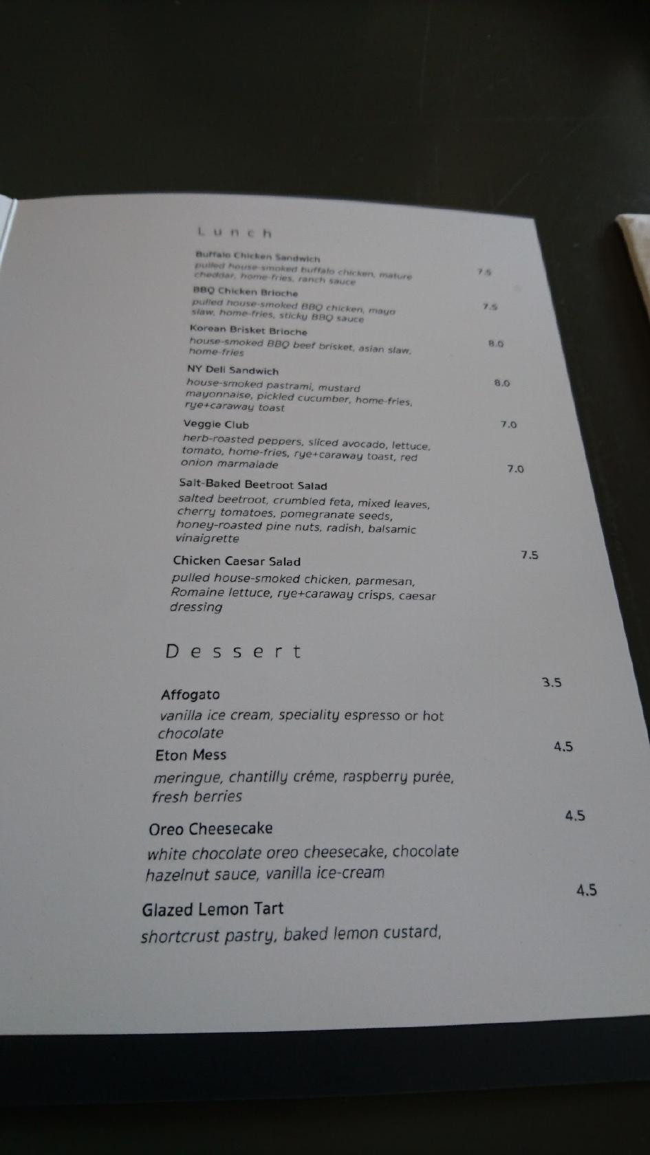Menu at Cue cafe, Leicester