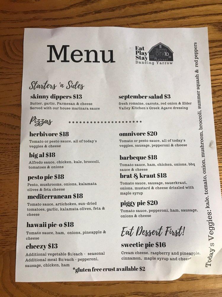Menu at Dancing Yarrow Farm to Fork Retreat pub & bar, USA