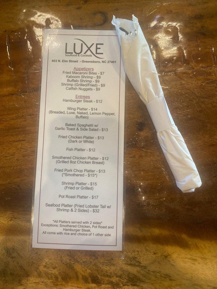 Menu at Luxe Soulfood & Cocktails restaurant, Greensboro
