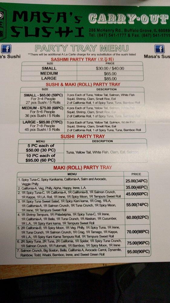Menu at Masa's Sushi restaurant, Buffalo Grove