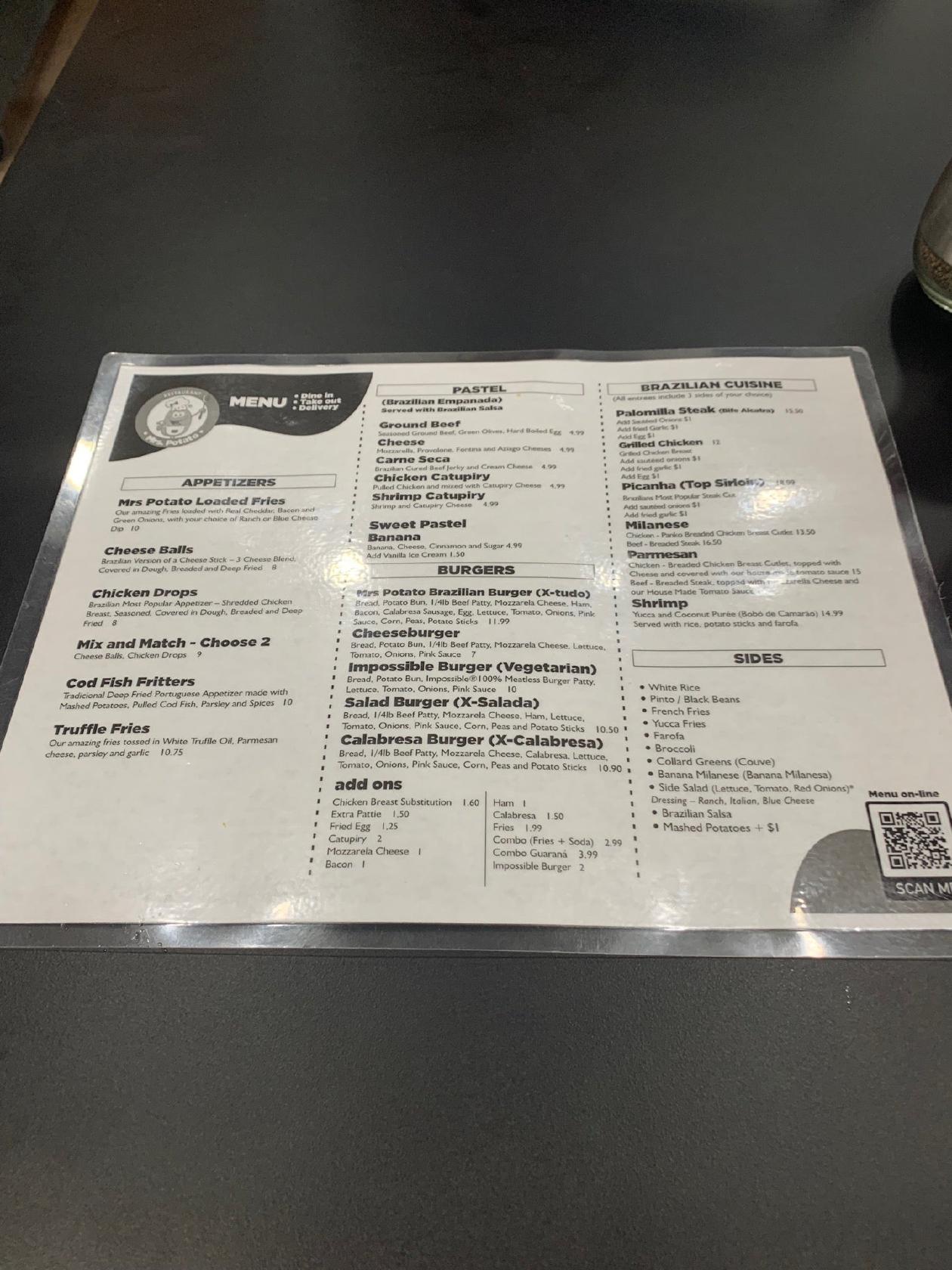 Menu at Mrs. Potato Restaurant, Orlando