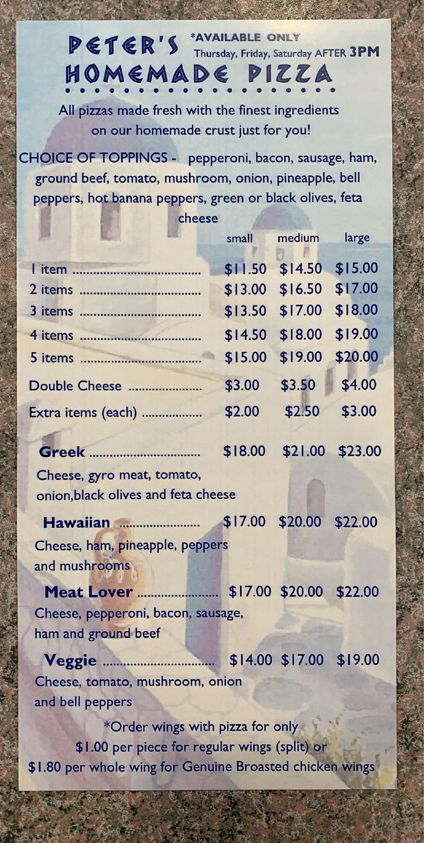 Menu at Peter's Kitchen pizzeria, Comber