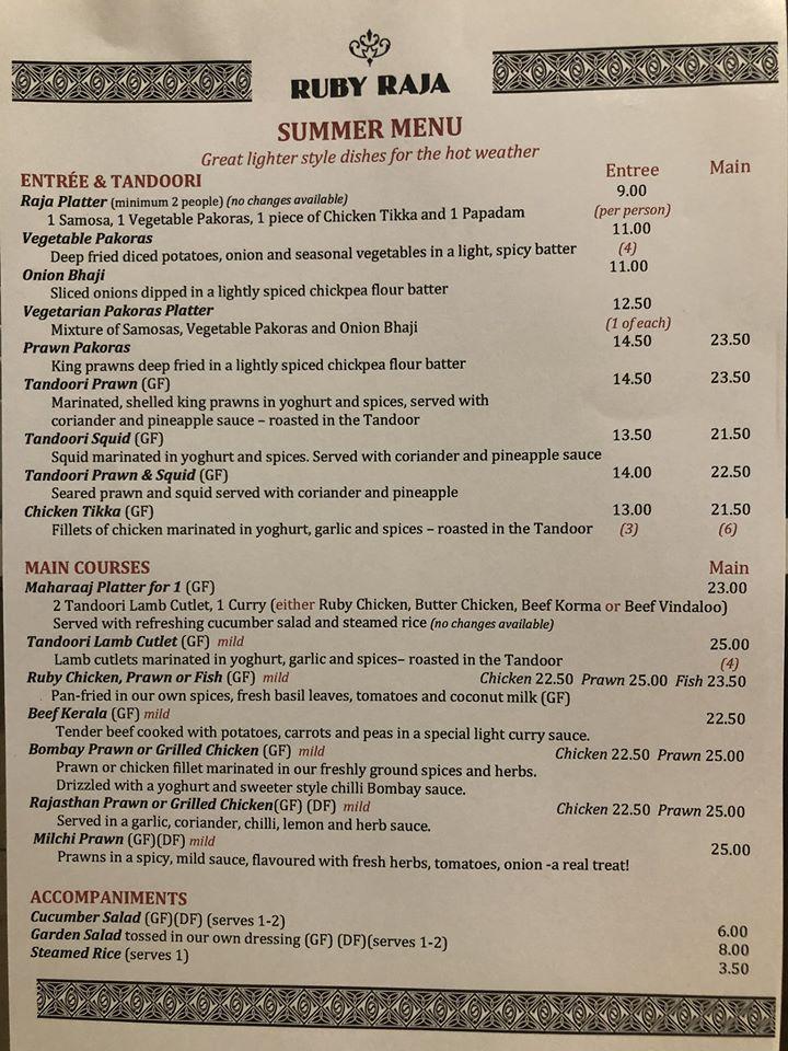 Menu at Ruby Raja Indian Restaurant, Tea Tree Gully