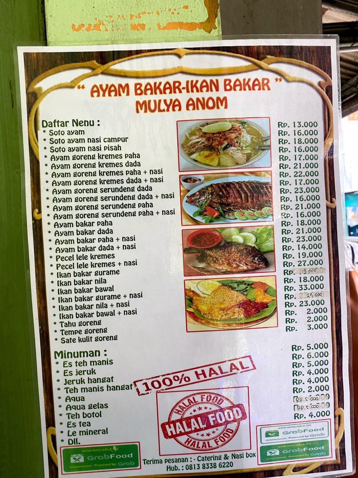 Menu at Ayam bakar ikan bakar mulya anom restaurant, West Jakarta
