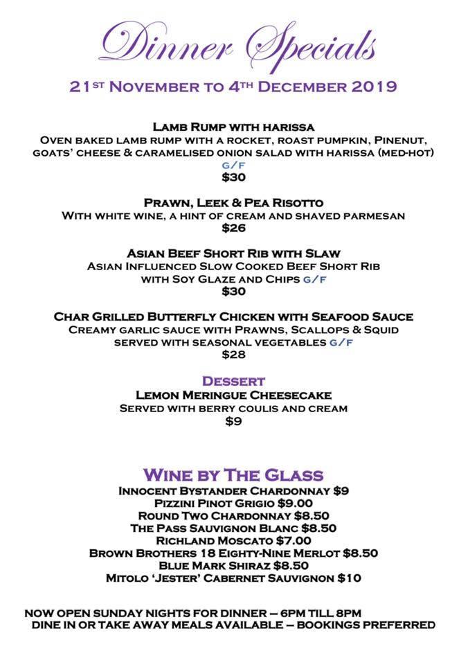 Menu at The Bower Tavern restaurant, Cohuna