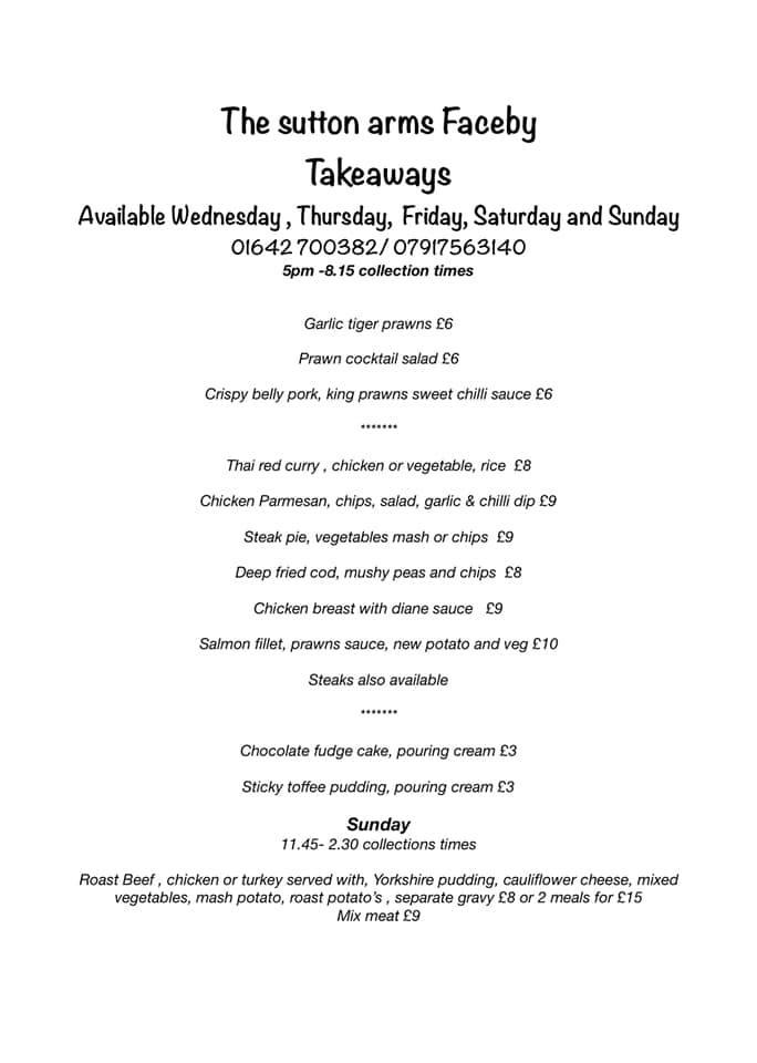 Menu at The Sutton Arms Faceby restaurant, Faceby, Mill Lane