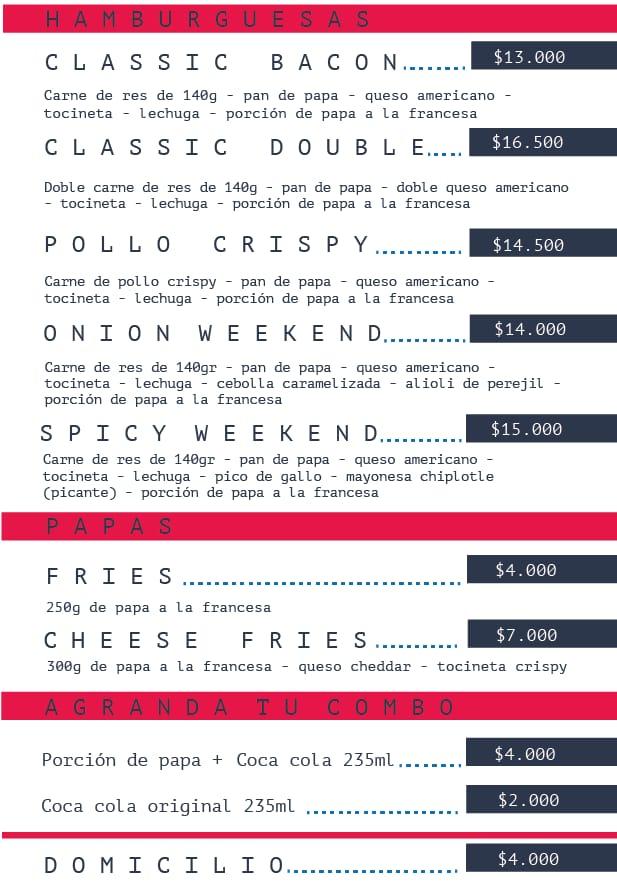 Menu at Weekend Burger restaurant, Ipiales