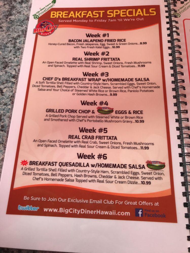 Menu at Big City Diner restaurant, Waipahu, 94-800 Ukeʻe Street #305
